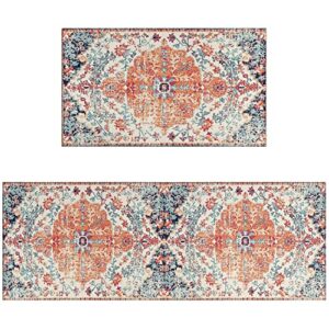 boho style kitchen rugs and mats set of 2,farmhouse kitchen mat for sink,non slip absorbent stain resistant floor mat for kitchen laundry room rug area runner rug orange