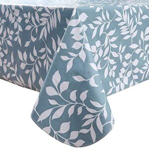 Vinyl Tablecloth with Flannel Backed Waterproof Oil-Proof PVC Table Cloth Wipeable Spill-Proof Plastic Table Cover for Indoor and Outdoor(Blue Leaves, 60 x 84 Inch Rectangle)