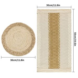 Zology Handmade Boho Placemats Set of 6 - Natural Cotton Burlap and Water Straw Woven Combination Table Mats, Macrame Décor and Farmhouse Style Placemats, for Dining Table Kitchen