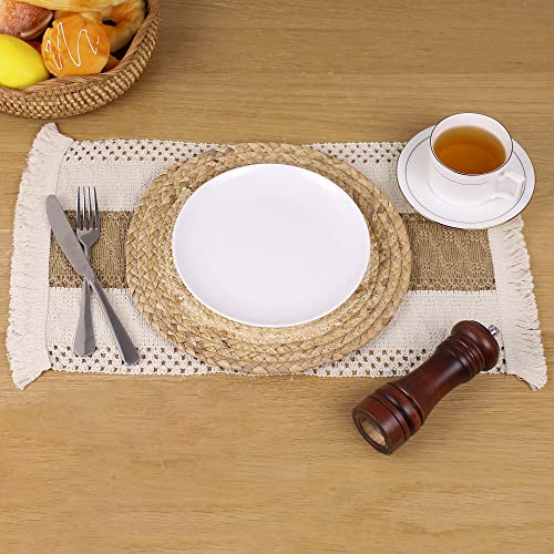 Zology Handmade Boho Placemats Set of 6 - Natural Cotton Burlap and Water Straw Woven Combination Table Mats, Macrame Décor and Farmhouse Style Placemats, for Dining Table Kitchen