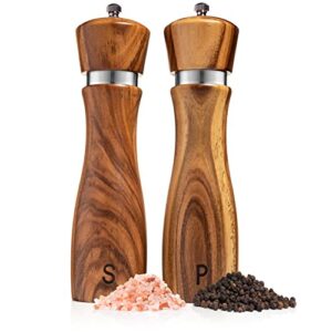 gennua kitchen wooden salt and pepper grinder set: refillable salt & pepper mills adjust for customized coarseness, crafted of solid acacia wood with ceramic/stainless steel core, 8 inches each