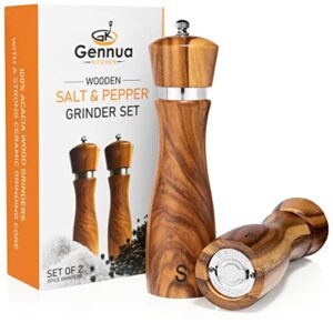 Gennua Kitchen Wooden Salt and Pepper Grinder Set: Refillable Salt & Pepper Mills Adjust for Customized Coarseness, Crafted of Solid Acacia Wood with Ceramic/Stainless Steel Core, 8 Inches Each