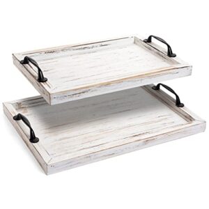 gennua kitchen rustic wooden serving tray set with metal handles | 2 nesting decorative trays for coffee table, ottoman, countertop & more with distressed white finish to complement any decor