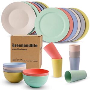 greenandlife premium plastic dinnerware sets for 6(24pcs), unbreakable microwave safe reusable lightweight plates and bowls sets cups dishwasher safe dishes for outdoor camping, rv