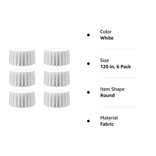 6 Pack White Round Tablecloths 120 Inch - Circle Bulk Linen Polyester Fabric Washable Table Clothes Cover for Wedding Reception Banquet Party Buffet Restaurant