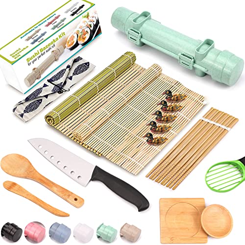 Sushi Making Kit, 22 in 1 Sushi Roller Set, Sushi Maker Bazooker Kit with Bamboo Mats, Chef's Knife, Chopsticks, Sauce Dishes, Rice Spreader, Avocado Slicer for Beginners, Kids, Family, Friends, Home