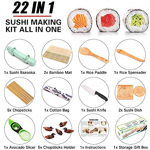 Sushi Making Kit, 22 in 1 Sushi Roller Set, Sushi Maker Bazooker Kit with Bamboo Mats, Chef's Knife, Chopsticks, Sauce Dishes, Rice Spreader, Avocado Slicer for Beginners, Kids, Family, Friends, Home