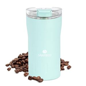 santeco travel coffee mug 12 oz, insulated coffee cups with flip lid, stainless steel coffee mugs spill proof, double wall vacuum tumblers, reusable to go mug for hot/ice coffee tea - green