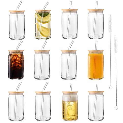 Beer Can Shaped Glass, Drinking Cups With Lids and Straws,Beer Glass Cups 16 oz, Glass Cups Set Of 12, Beer Glasses Drinking Glasses Bulk, Ideal For Beer, Soda, Iced Coffee, Smoothies, Cocktails