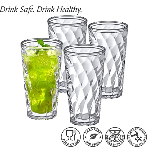 Amazing Abby - Alps - 22-Ounce Insulated Plastic Tumblers (Set of 4), Double-Wall Plastic Drinking Glasses, All-Clear High-Balls, Reusable Plastic Cups, BPA-Free, Shatter-Proof, Dishwasher-Safe