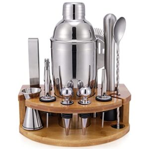 bartender kit with bamboo stand, 12 piece 25oz cocktail shaker set with all essential bar tools set for drink mixing, ideal gifts for cocktail lovers, home bar bartending kit with cocktail recipes