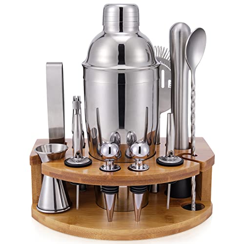 Bartender Kit with Bamboo Stand, 12 Piece 25oz Cocktail Shaker Set with All Essential Bar Tools Set for Drink Mixing, Ideal Gifts for Cocktail Lovers, Home Bar Bartending Kit with Cocktail Recipes