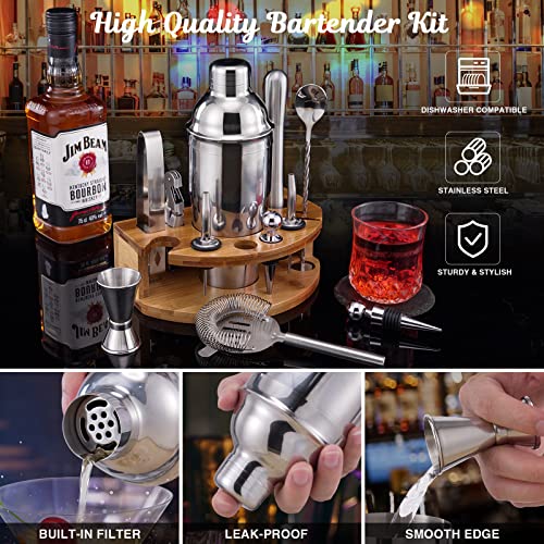 Bartender Kit with Bamboo Stand, 12 Piece 25oz Cocktail Shaker Set with All Essential Bar Tools Set for Drink Mixing, Ideal Gifts for Cocktail Lovers, Home Bar Bartending Kit with Cocktail Recipes