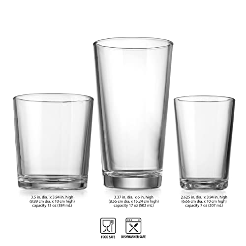 Glaver's Drinking Glasses, 12 Pc. Glass Cups, Includes 4 Highball Glasses 17 oz., 4 Rocks Glasses, 13 oz., 4 Juice Glasses, 4.5 oz., Whisky, Juice, Water, Beer, Cocktails, Dishwasher Safe.