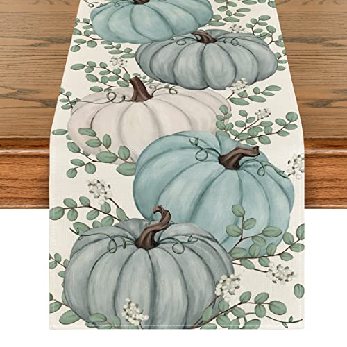 Artoid Mode Pumpkins Eucalyptus Leaves Fall Table Runner, Autumn Thanksgiving Kitchen Dining Table Decoration for Home Party Decor 13x72 Inch