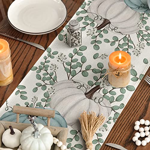 Artoid Mode Pumpkins Eucalyptus Leaves Fall Table Runner, Autumn Thanksgiving Kitchen Dining Table Decoration for Home Party Decor 13x72 Inch