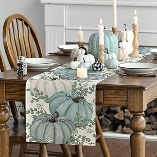 Artoid Mode Pumpkins Eucalyptus Leaves Fall Table Runner, Autumn Thanksgiving Kitchen Dining Table Decoration for Home Party Decor 13x72 Inch