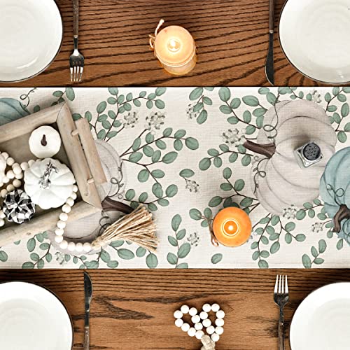 Artoid Mode Pumpkins Eucalyptus Leaves Fall Table Runner, Autumn Thanksgiving Kitchen Dining Table Decoration for Home Party Decor 13x72 Inch