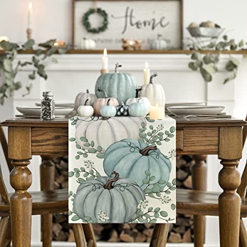 Artoid Mode Pumpkins Eucalyptus Leaves Fall Table Runner, Autumn Thanksgiving Kitchen Dining Table Decoration for Home Party Decor 13x72 Inch