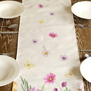 ARKENY Spring Summer Flower Butterfly Table Runner 13x72 Inches,Seasonal Burlap Farmhouse Indoor Kitchen Dining Table Decoration for Home Party