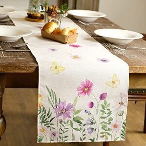 ARKENY Spring Summer Flower Butterfly Table Runner 13x72 Inches,Seasonal Burlap Farmhouse Indoor Kitchen Dining Table Decoration for Home Party