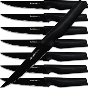 astercook steak knives, steak knives set of 8, dishwasher safe high carbon stainless steel serrated steak knife, black