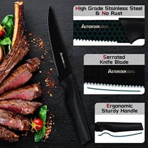 Astercook Steak Knives, Steak Knives Set of 8, Dishwasher Safe High Carbon Stainless Steel Serrated Steak Knife, Black