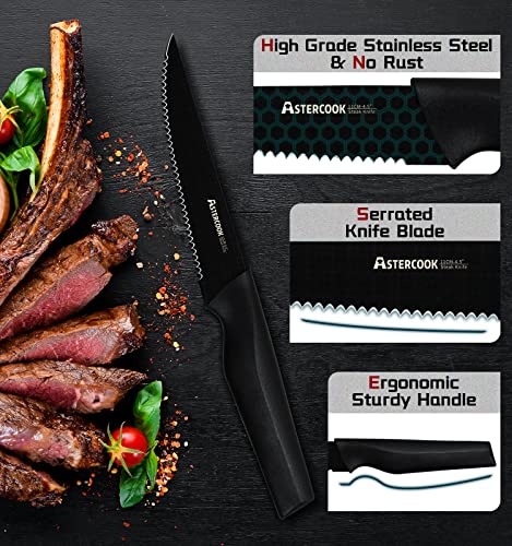 Astercook Steak Knives, Steak Knives Set of 8, Dishwasher Safe High Carbon Stainless Steel Serrated Steak Knife, Black