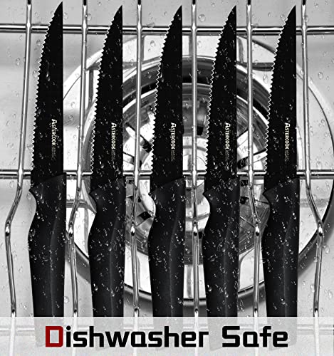 Astercook Steak Knives, Steak Knives Set of 8, Dishwasher Safe High Carbon Stainless Steel Serrated Steak Knife, Black