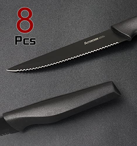 Astercook Steak Knives, Steak Knives Set of 8, Dishwasher Safe High Carbon Stainless Steel Serrated Steak Knife, Black