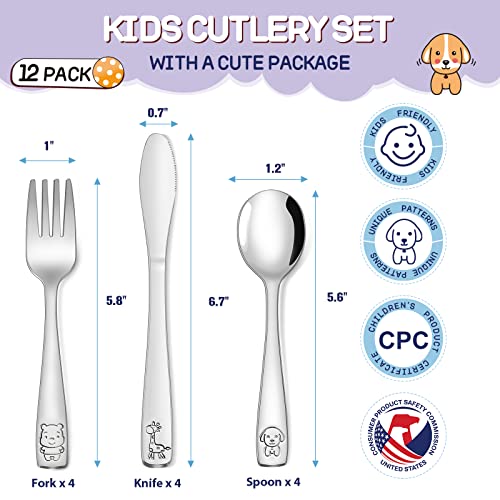 VITEVER 12-Piece Toddler Utensils, Stainless Steel Kids Silverware Set, Children Safe Forks, Spoons and Knives - Mirror Polished, Dishwasher Safe