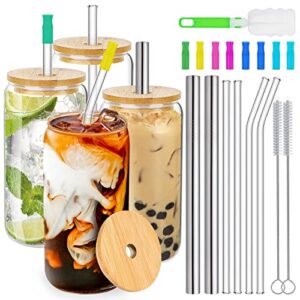 FEIMADA Drinking Glasses 4Pcs, 16oz Can Shaped Glass Cups with Bamboo Lids and Straw, Reusable Boba Cup, Beer Glasses, Iced Coffee Glasses, Cocktail Glasses, Wide Mouth Mason Jars for Smoothies