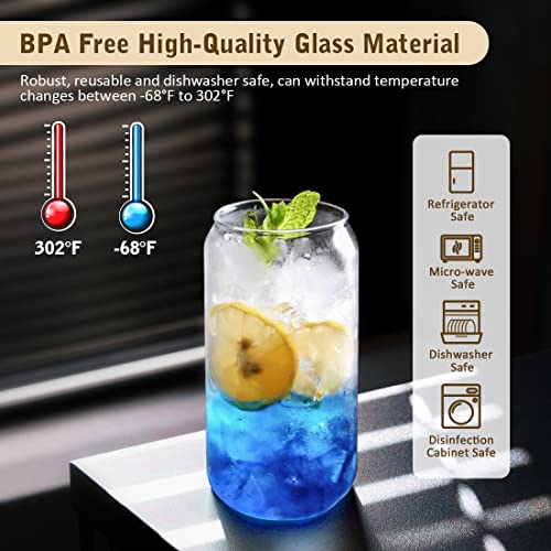 FEIMADA Drinking Glasses 4Pcs, 16oz Can Shaped Glass Cups with Bamboo Lids and Straw, Reusable Boba Cup, Beer Glasses, Iced Coffee Glasses, Cocktail Glasses, Wide Mouth Mason Jars for Smoothies