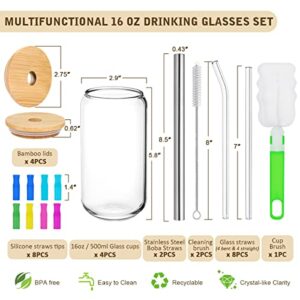 FEIMADA Drinking Glasses 4Pcs, 16oz Can Shaped Glass Cups with Bamboo Lids and Straw, Reusable Boba Cup, Beer Glasses, Iced Coffee Glasses, Cocktail Glasses, Wide Mouth Mason Jars for Smoothies