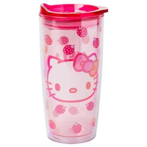 silver buffalo hello kitty strawberry face double wall travel tumbler w/slide close lid, 20 ounces