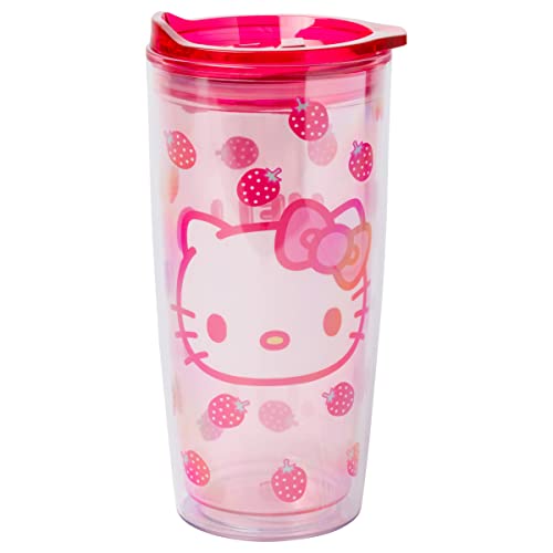 Silver Buffalo Hello Kitty Strawberry Face Double Wall Travel Tumbler w/Slide Close Lid, 20 Ounces