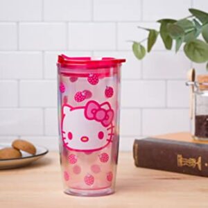 Silver Buffalo Hello Kitty Strawberry Face Double Wall Travel Tumbler w/Slide Close Lid, 20 Ounces