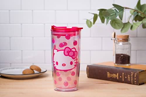 Silver Buffalo Hello Kitty Strawberry Face Double Wall Travel Tumbler w/Slide Close Lid, 20 Ounces