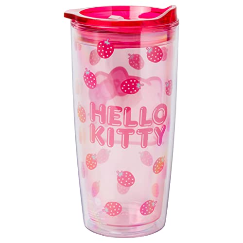 Silver Buffalo Hello Kitty Strawberry Face Double Wall Travel Tumbler w/Slide Close Lid, 20 Ounces