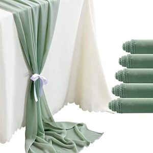 5 pack sage green chiffon table runner 10ft wedding table runner 29x120 inches sheer romantic tulle table runner for wedding decor bridal shower baby shower birthday party cake table decoration