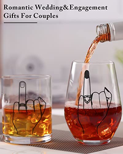 Engagement Gift for Couples - Unique Wedding Gifts,Bridal Shower Gift for for Bride to be,Wine&Whiskey Glass Gift for Mr and Mrs,Friends,Newlywed,His and Hers18.5,13.8OZ