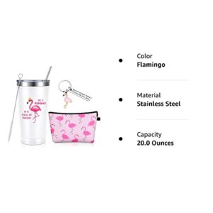 3 Pcs Flamingo Gifts for Women Including Cute Flamingo Stainless Steel Wine Tumbler with Straw and Brush Motivational Flamingo Keychain and Cosmetic Bag (Flamingo, 20 oz)