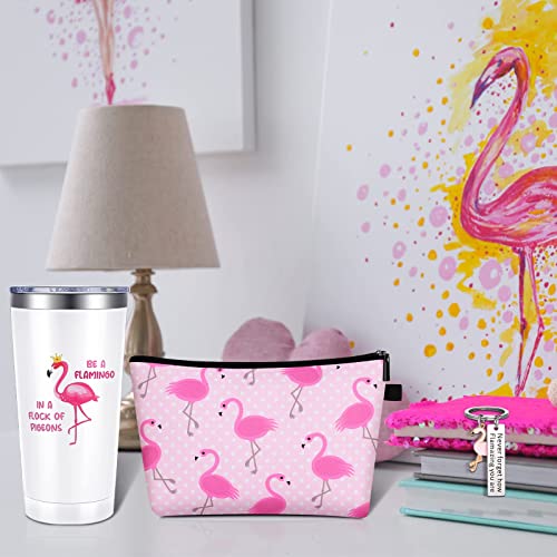 3 Pcs Flamingo Gifts for Women Including Cute Flamingo Stainless Steel Wine Tumbler with Straw and Brush Motivational Flamingo Keychain and Cosmetic Bag (Flamingo, 20 oz)