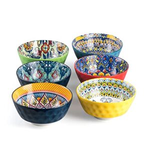 henxfen lead ceramic cereal, soup bowls set of 6-25 oz deep colorful porcelain serving bowls for dinner, pasta, salad, oatmeal - bohemian style