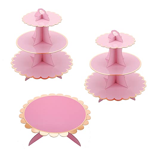 Set of 3 Party Cake and Cupcake Stand Tray, 3-Tiered Cardboard Pink Cupcake Stand,Disposable Cupcake Stands Easy Assemble Dessert Holder fit for Party, Wedding, Afternoon Tea, Birthday