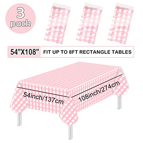 HEIPINIUYE 3 Pack White and Pink Checkered Tablecloth 54 x 108 Plastic Table Cover 8 ft Rectangle Disposable Gingham Table Cloths for Indoor Outdoor Party Birthday Camping Picnic Baby Shower