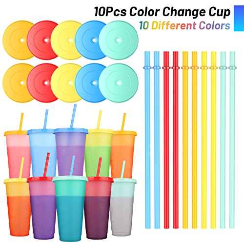 Mckanti 10 Pack Color Changing Cups with Lids and Straws, 24 oz Plastic Cups Kids Tumbler, Reusable Cups for Iced Coffee Drinking Summer Party