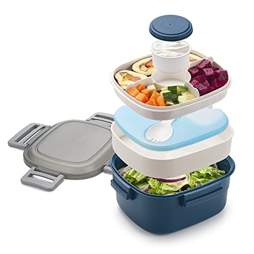 Freshmage Salad Container for Lunch with Ice Pack, Leakproof BPA-Free 52-oz Lunch Container with 4 Compartments, Salad Lunch Container for Men, Women (Blue+Ice Pack)