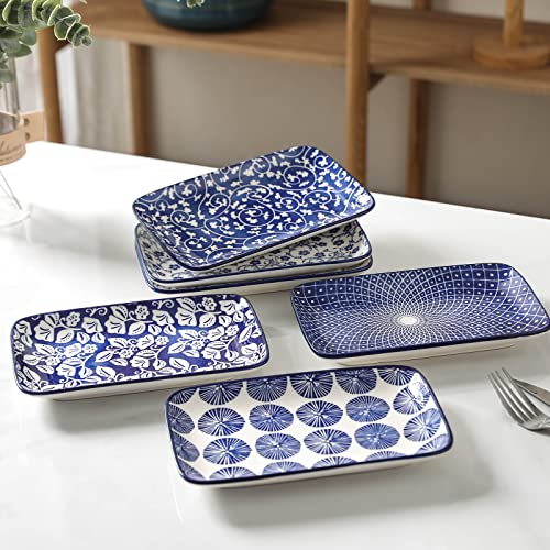 Selamica Ceramic 8 inch Rectangular Salad Plates, Dinner Plates, Pasta Dessert Plates Serving Trays for Appetizer, Sushi, Fruit - Microwave/oven/Dishwasher Safe, Set of 6, Vintage Blue