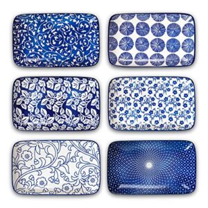 selamica ceramic 8 inch rectangular salad plates, dinner plates, pasta dessert plates serving trays for appetizer, sushi, fruit - microwave/oven/dishwasher safe, set of 6, vintage blue